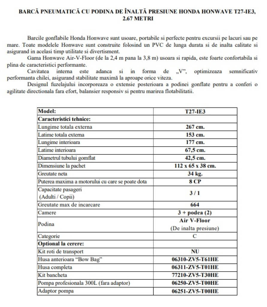 Barcă Pneumatică Honda Honwave T27-IE3, 2.67 Met | E-Agricultura